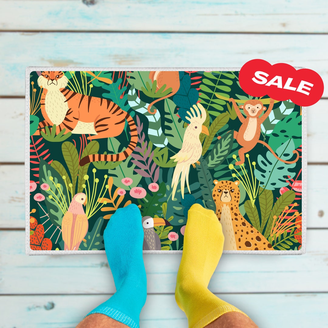 Colorful Jungle Door Mat Green Layering Rug Wild Animal Lover Area Rugs ...