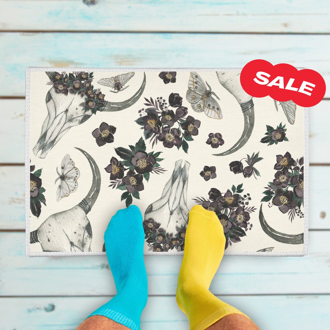 Grey Bullhead Rustic Door Mat Layering Rug Longhorn Skull Area Rugs Cow ...