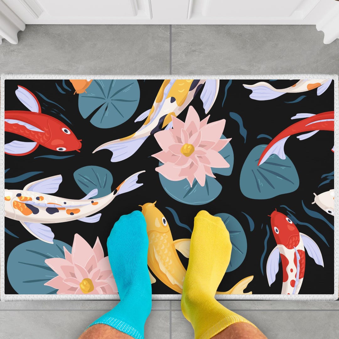 Black Japanese Koi Fish Doormat White Yin Yang Green Door Mat Koi Pond ...