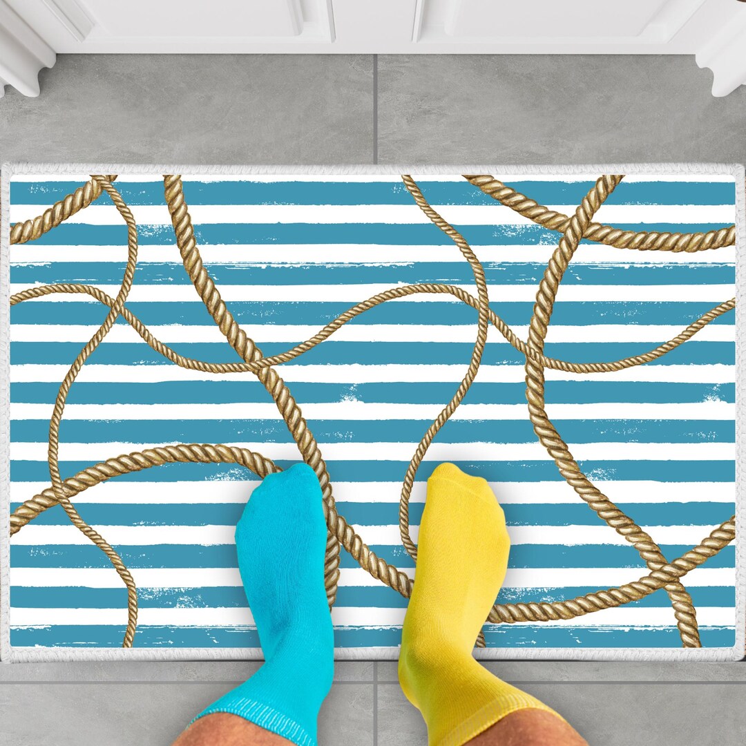 Blue Stripe Nautical Rope Rug Beach Lake House Doormat Boat Lover Door ...