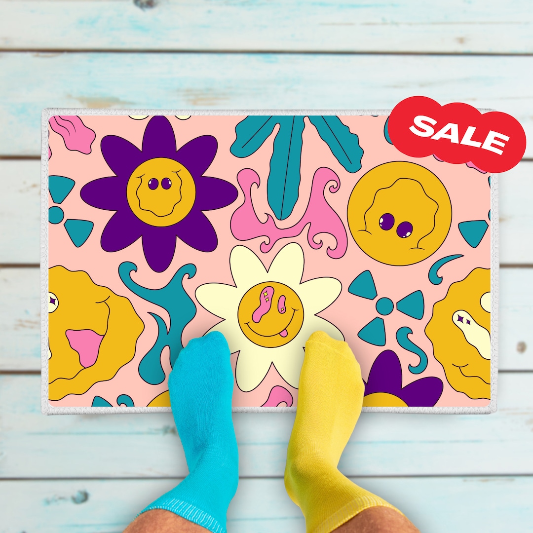 Wavy Smiley Face Layering Rug 70s Hippie Doormat Retro Trippy Art Door ...