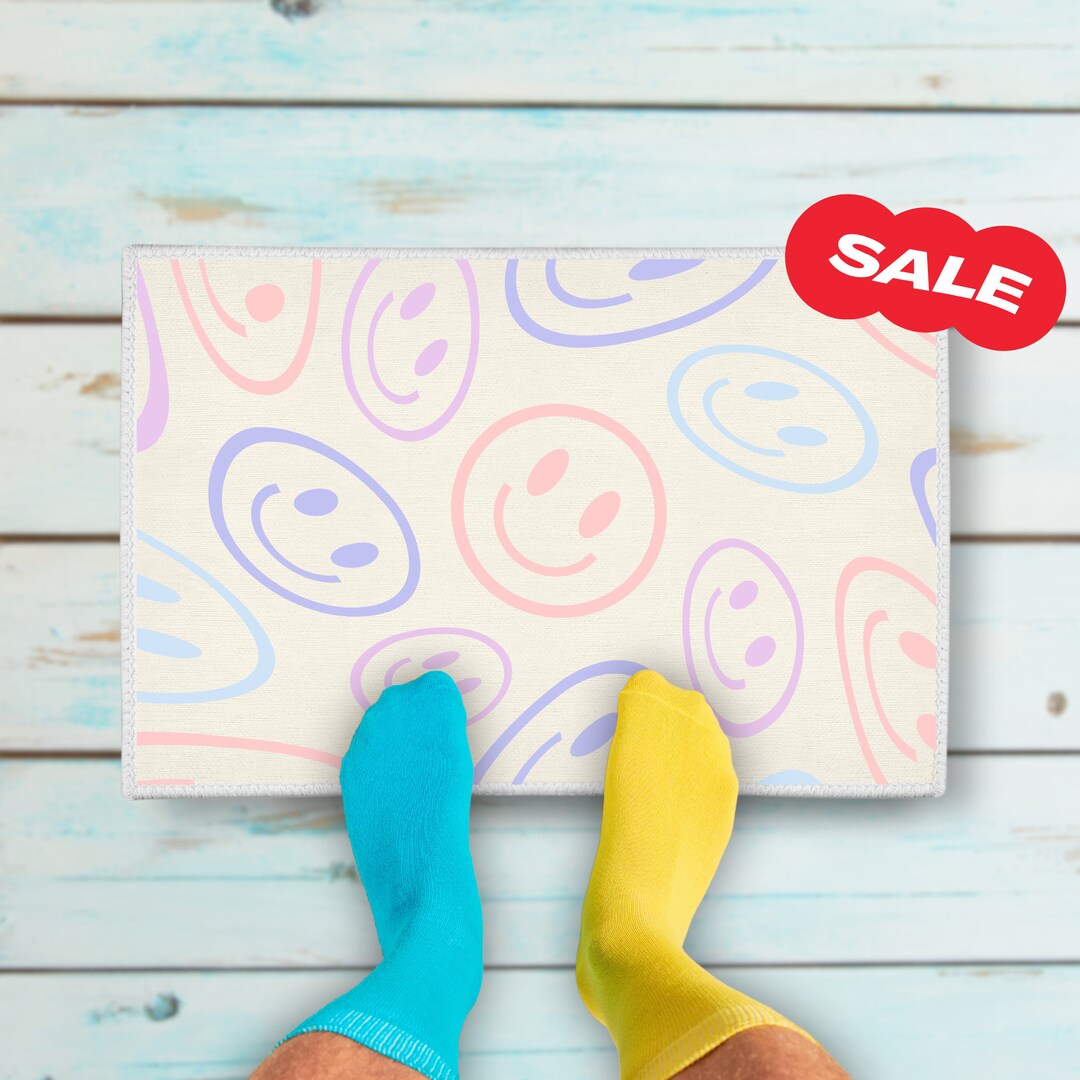 Wavy Smiley Face Layering Rug 70s Hippie Doormat Retro Trippy Art Door ...
