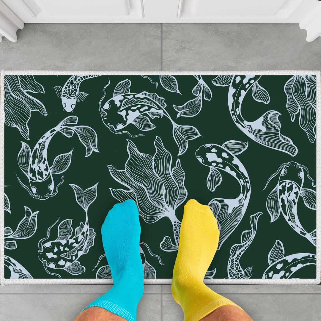 Green Japanese Koi Fish Doormat White Yin Yang Black Door Mat Koi Pond ...
