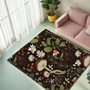 Dark Cottagecore Wildflower Botanical Rug Spring Bohemian Mushroom Mat ...
