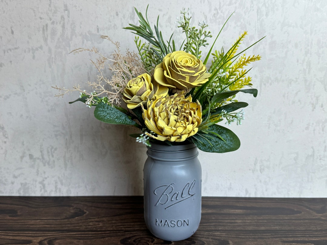 Yellow Wood Flower Bouquet With Mason Jar - Home Decor Arrangement ...