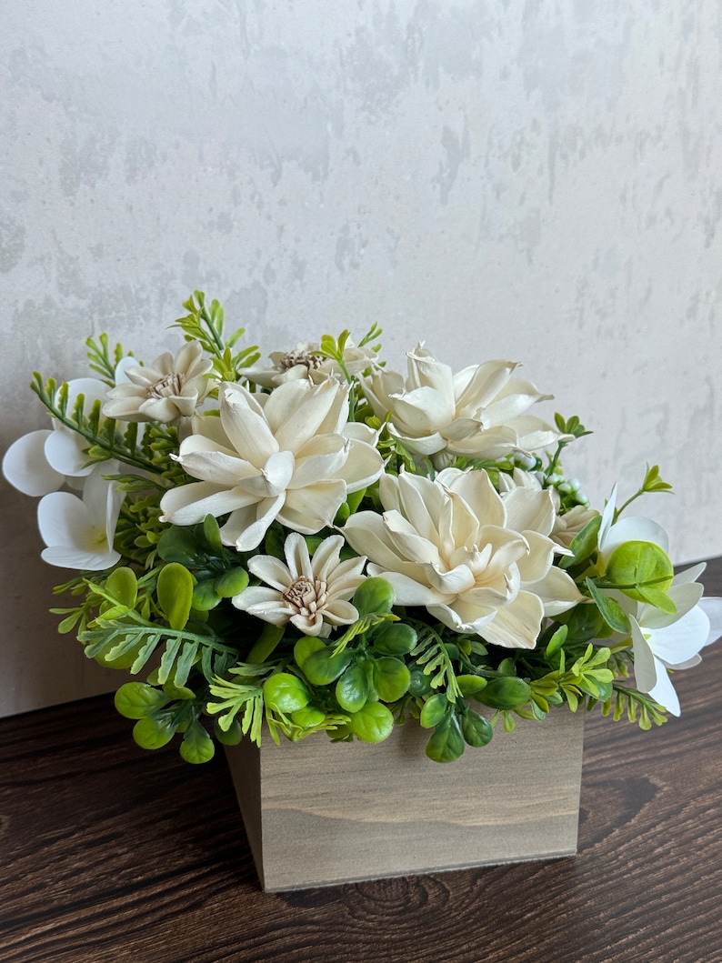 White Wood Flower Bouquet With Wood Box Home Decor Arrangement ...