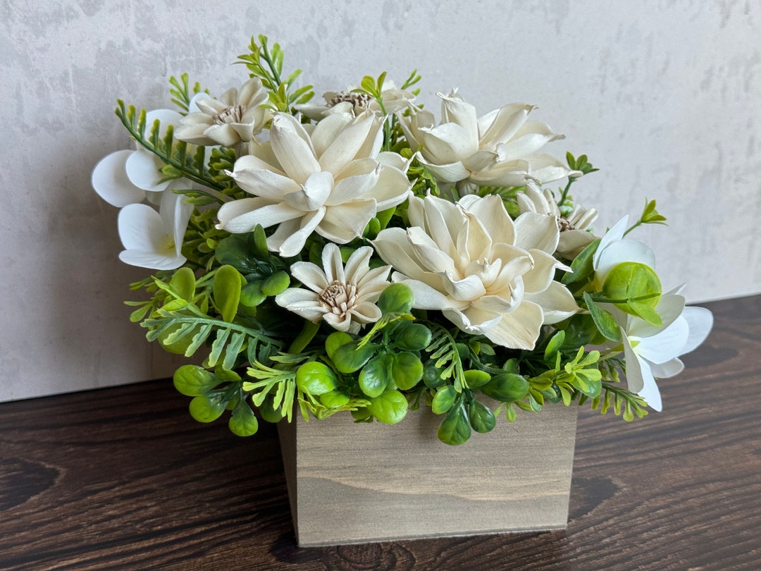 White Wood Flower Bouquet With Wood Box Home Decor Arrangement ...