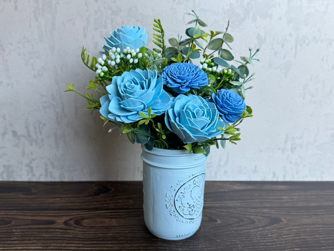 Blue Wood Flower Bouquet With Mason Jar - Home Decor Arrangement ...