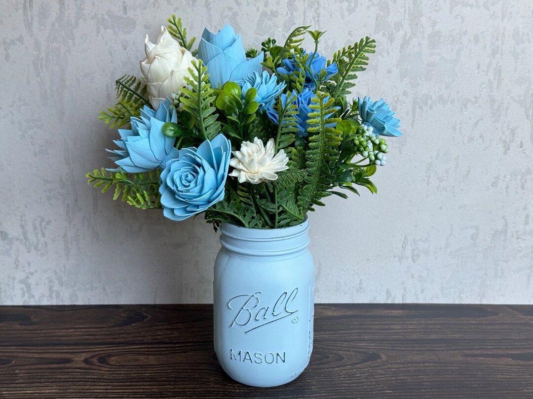 Blue Wood Flower Bouquet With Mason Jar - Home Decor Arrangement ...