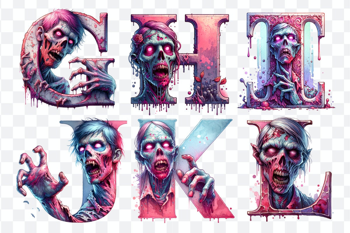 Zombie PNG Alphabet and Numbers Sublimation Clipart Bundle in Pink and ...
