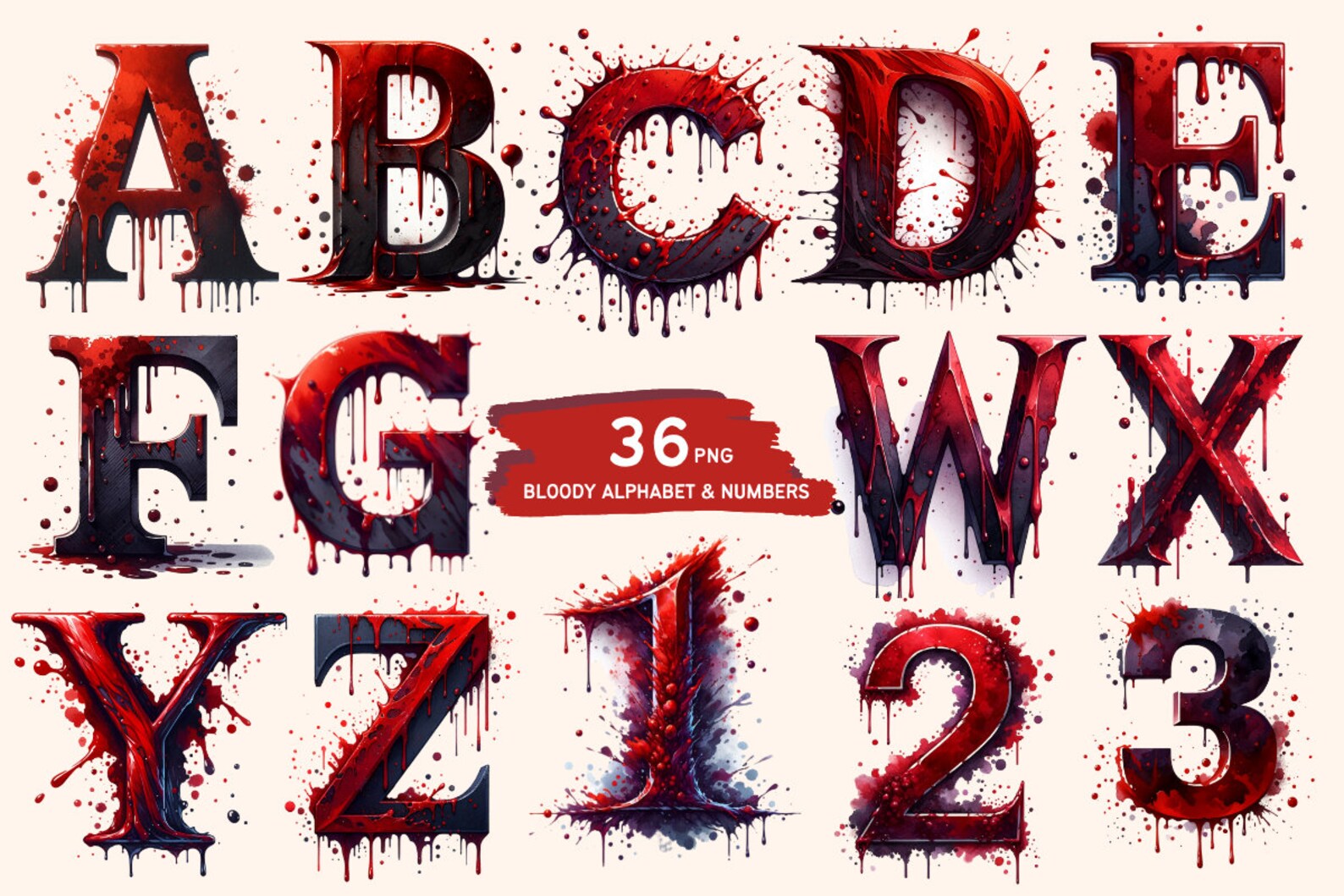 Blood Splatter PNG Alphabet and Numbers Clipart Bundle With Dripping ...
