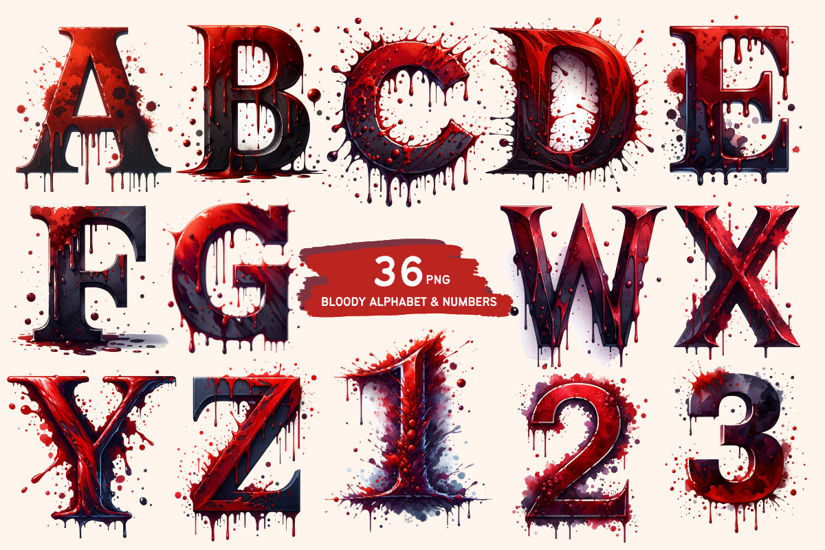 Blood Splatter PNG Alphabet and Numbers Clipart Bundle With Dripping ...