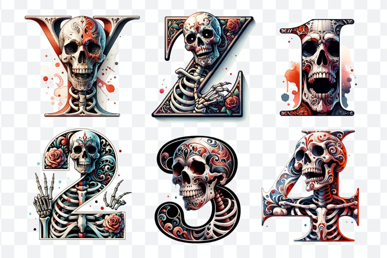 Skeleton Alphabet and Numbers Sublimation PNG Clipart Bundle in White ...