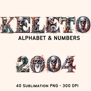 Skeleton Alphabet and Numbers Sublimation PNG Clipart Bundle in White ...