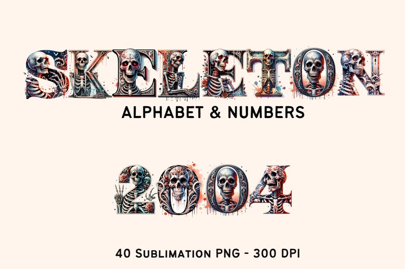 Skeleton Alphabet and Numbers Sublimation PNG Clipart Bundle in White ...