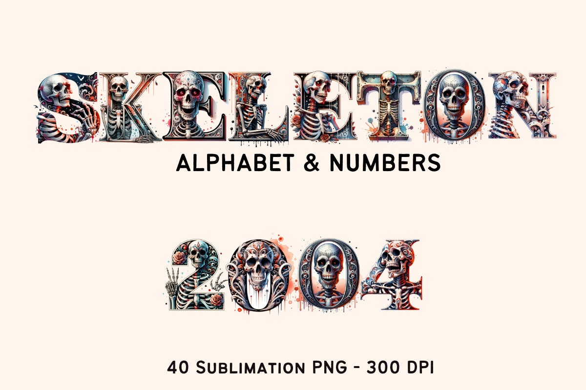 Skeleton Alphabet and Numbers Sublimation PNG Clipart Bundle in White ...