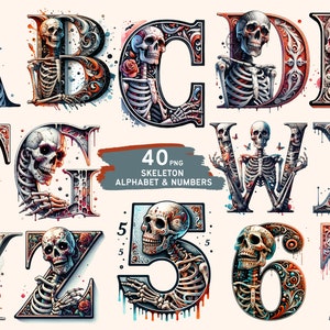 Skeleton Alphabet and Numbers Sublimation PNG Clipart Bundle in White ...
