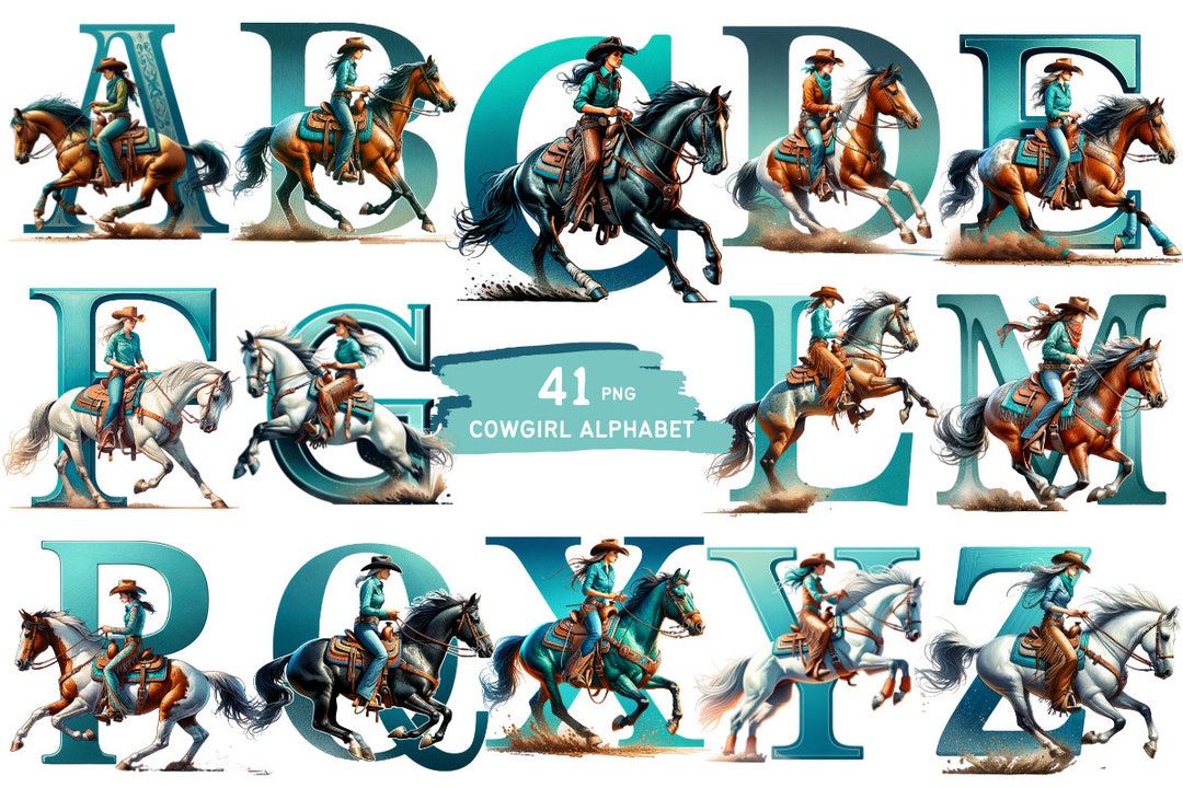 Cowgirl PNG Alphabet Bundle, Western ABC Clipart of Women on Horse ...