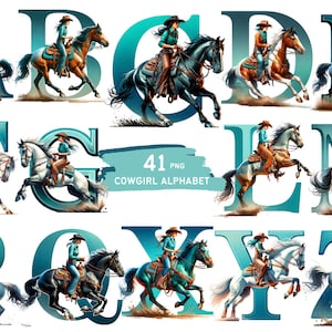 Cowgirl PNG Alphabet Bundle, Western ABC Clipart of Women on Horse ...