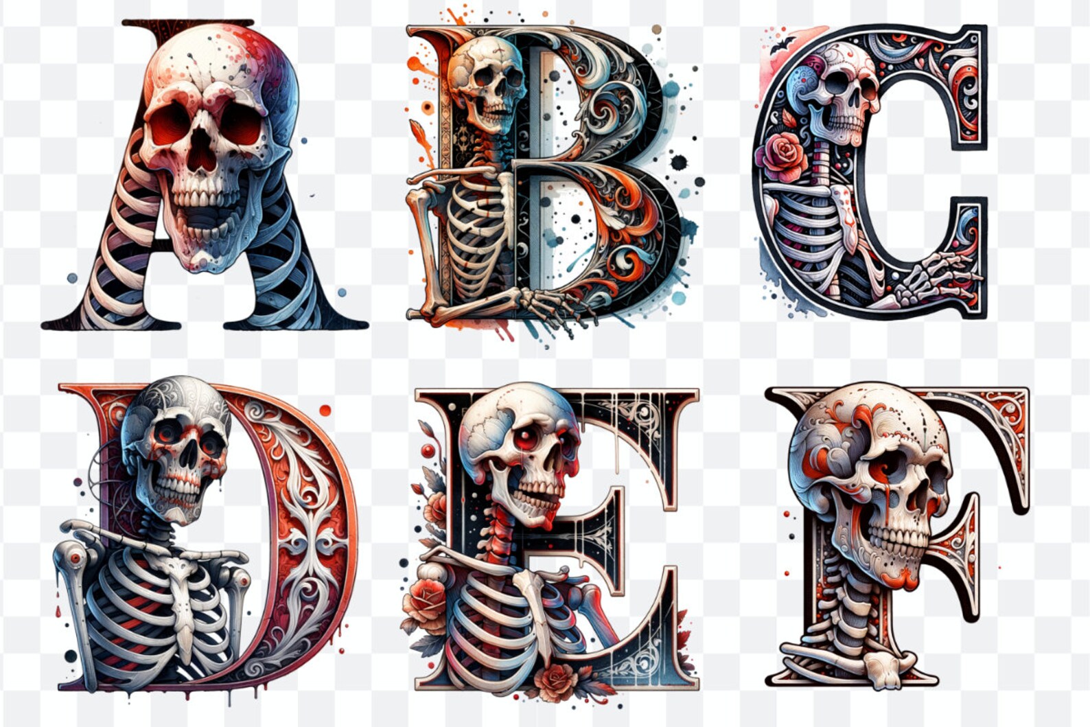 Skeleton Alphabet and Numbers Sublimation PNG Clipart Bundle in White ...