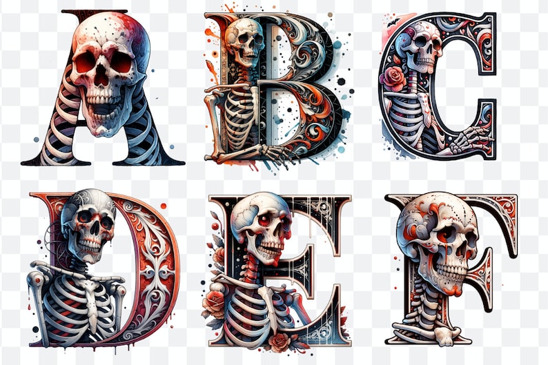 Skeleton Alphabet and Numbers Sublimation PNG Clipart Bundle in White ...