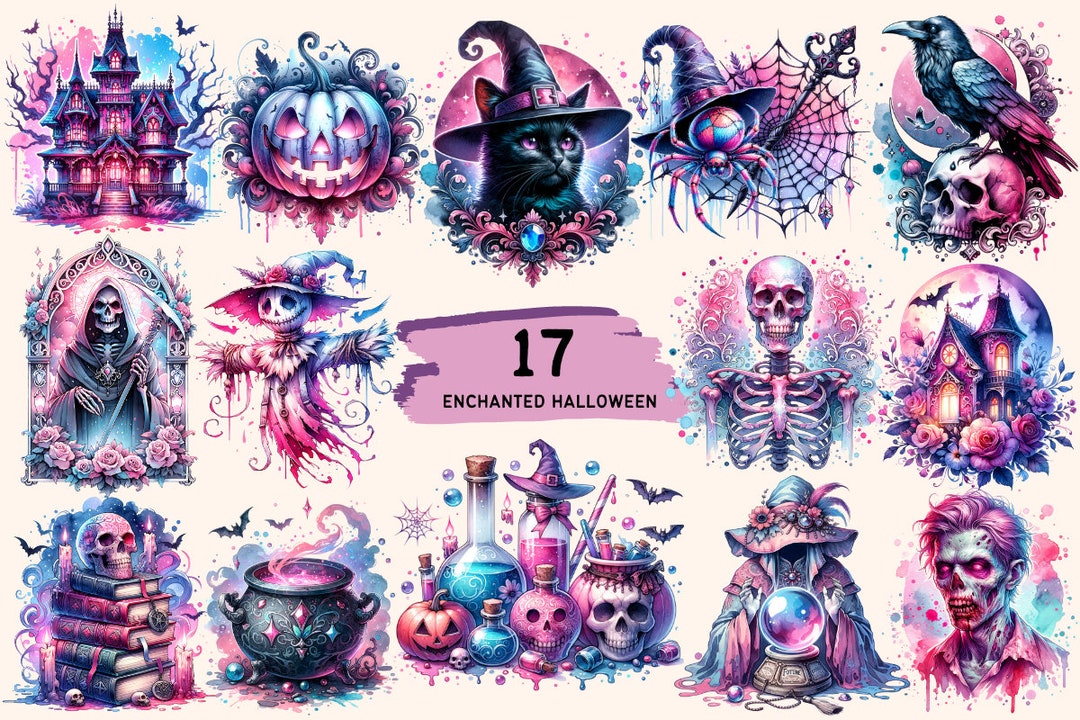 Pink Halloween Clip Art Sublimation PNG Bundle, With Grim Reaper, Ghost ...