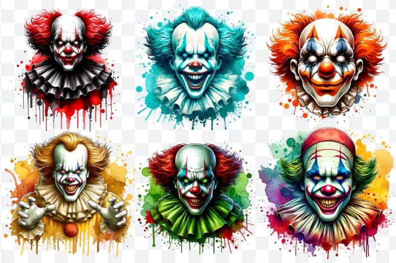 Creepy Clown Bundle, Spooky Halloween Clipart, Sublimation Transparent ...