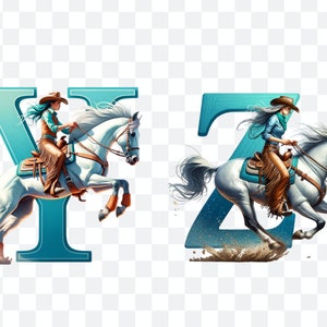 Cowgirl PNG Alphabet Bundle, Western ABC Clipart of Women on Horse ...