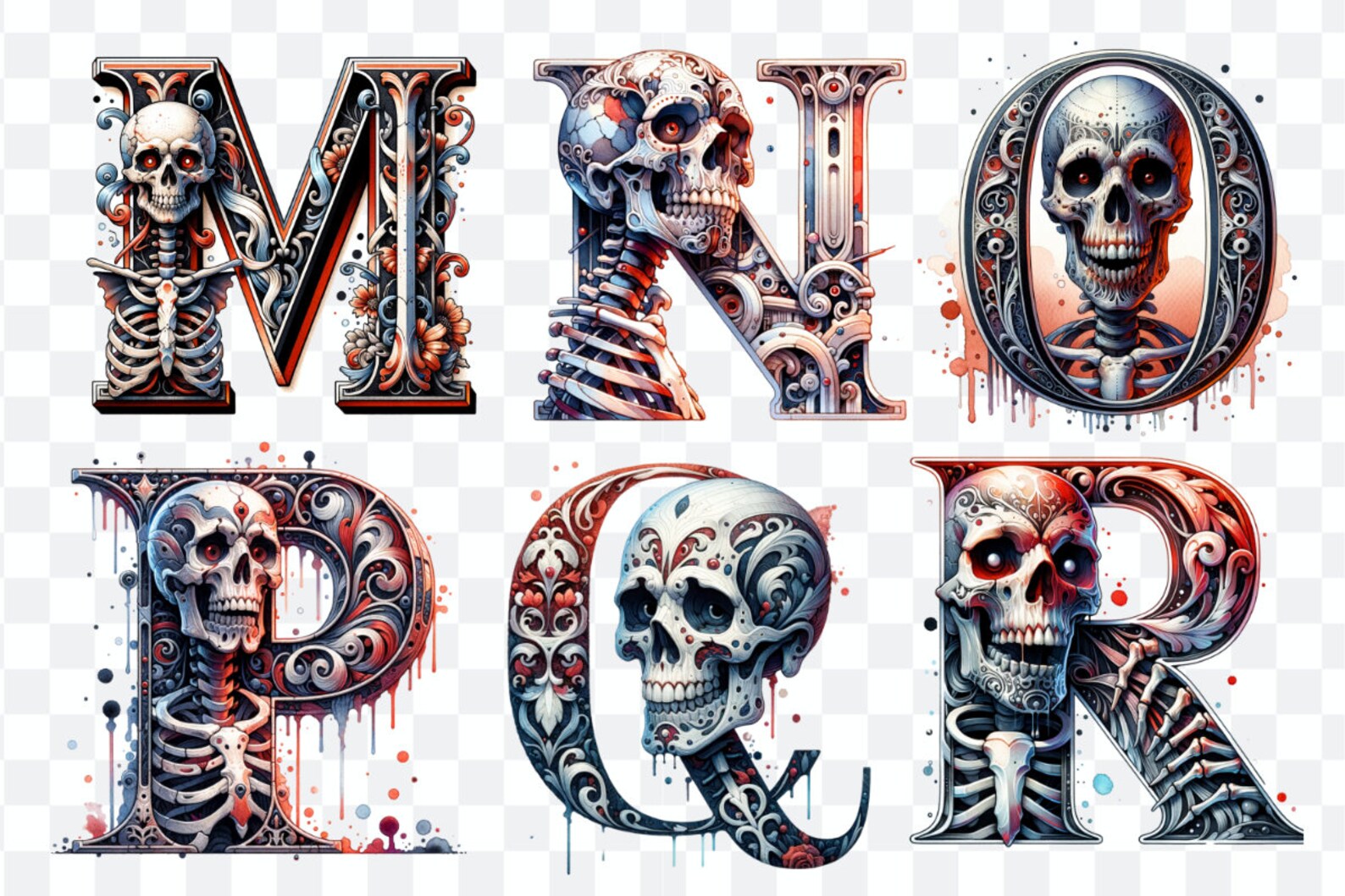 Skeleton Alphabet and Numbers Sublimation PNG Clipart Bundle in White ...
