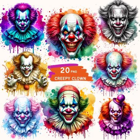 Creepy Clown Bundle, Spooky Halloween Clipart, Sublimation Transparent ...