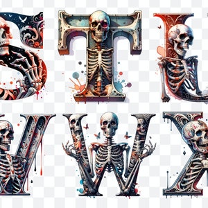 Skeleton Alphabet and Numbers Sublimation PNG Clipart Bundle in White ...