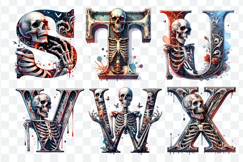 Skeleton Alphabet and Numbers Sublimation PNG Clipart Bundle in White ...