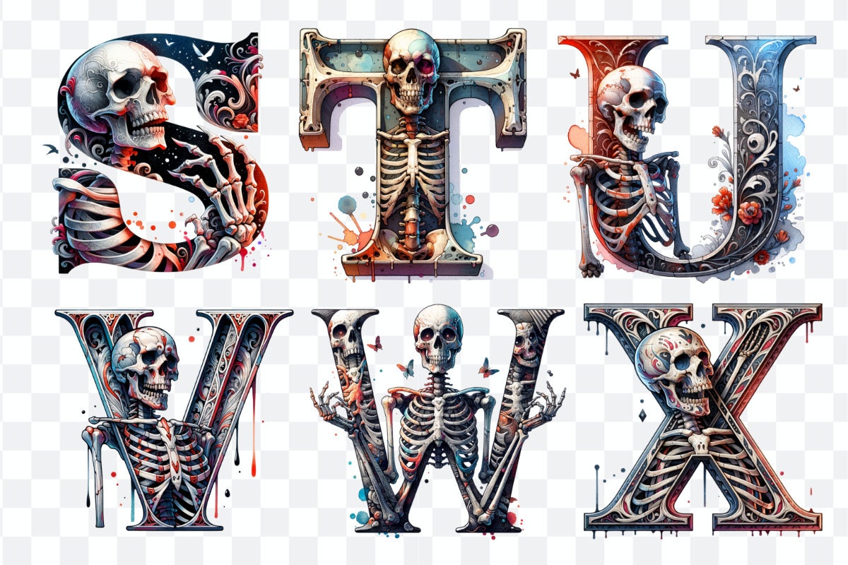 Skeleton Alphabet and Numbers Sublimation PNG Clipart Bundle in White ...
