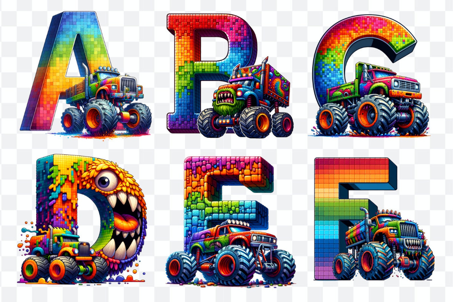 Monster Truck PNG Alphabet and Numbers Bundle, Monster Jam Sublimation ...