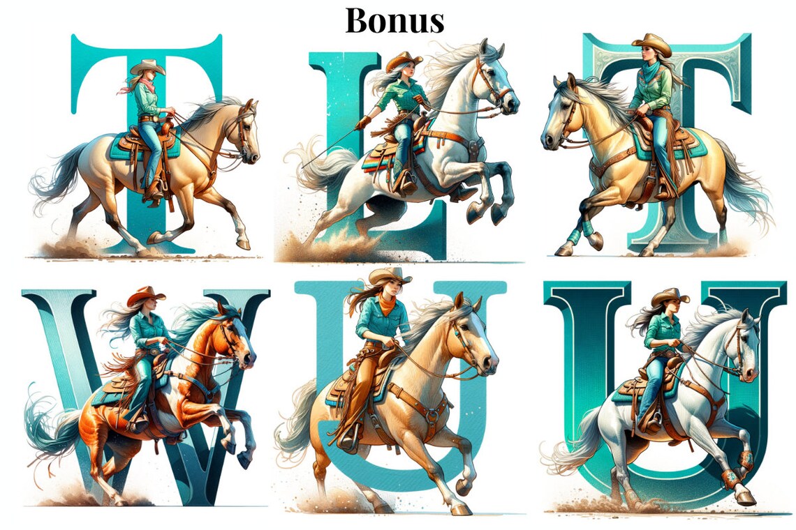 Cowgirl PNG Alphabet Bundle, Western ABC Clipart of Women on Horse ...