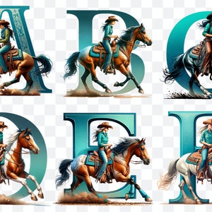 Cowgirl PNG Alphabet Bundle, Western ABC Clipart of Women on Horse ...