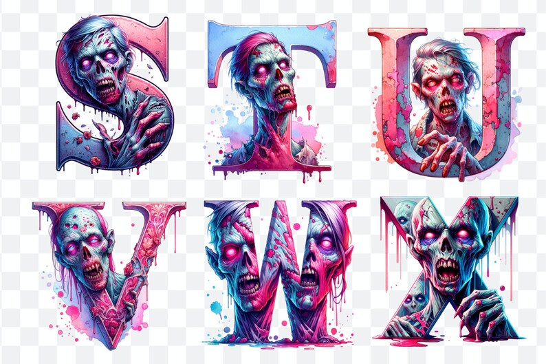 Zombie PNG Alphabet and Numbers Sublimation Clipart Bundle in Pink and ...