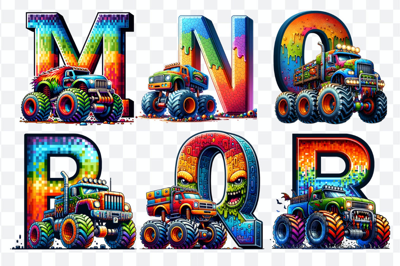 Monster Truck PNG Alphabet and Numbers Bundle, Monster Jam Sublimation ...