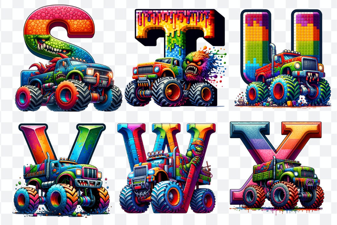 Monster Truck PNG Alphabet and Numbers Bundle, Monster Jam Sublimation ...