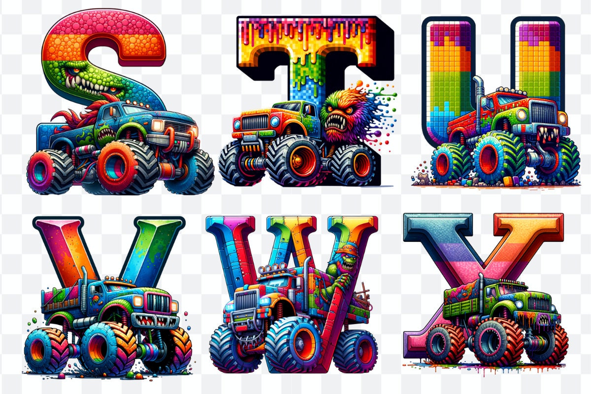 Monster Truck PNG Alphabet and Numbers Bundle, Monster Jam Sublimation ...