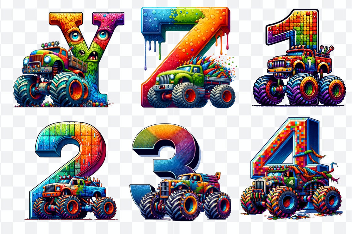 Monster Truck PNG Alphabet and Numbers Bundle, Monster Jam Sublimation ...