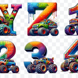Monster Truck PNG Alphabet and Numbers Bundle, Monster Jam Sublimation ...