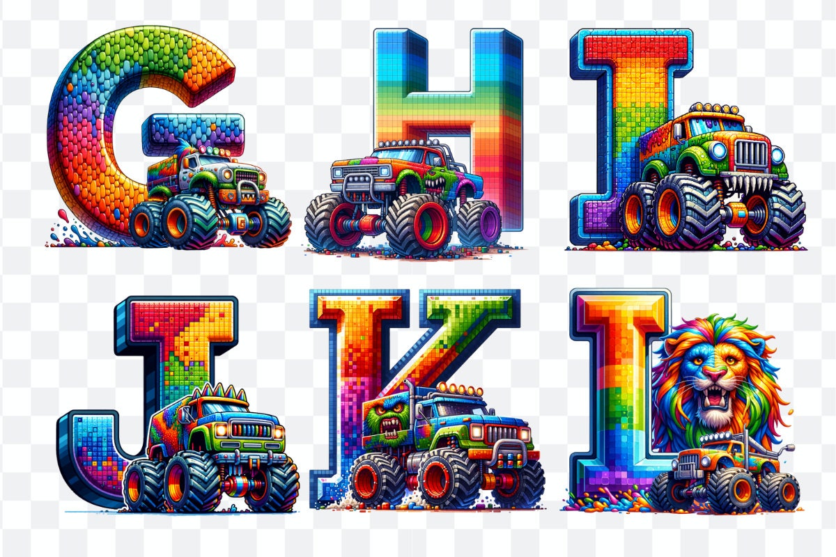 Monster Truck PNG Alphabet and Numbers Bundle, Monster Jam Sublimation ...