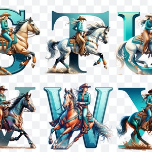 Cowgirl PNG Alphabet Bundle, Western ABC Clipart of Women on Horse ...