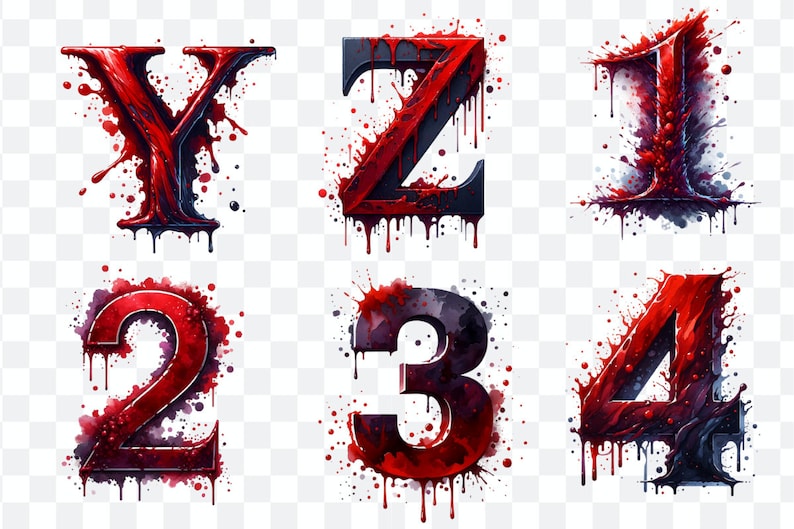 Blood Splatter PNG Alphabet and Numbers Clipart Bundle With Dripping ...