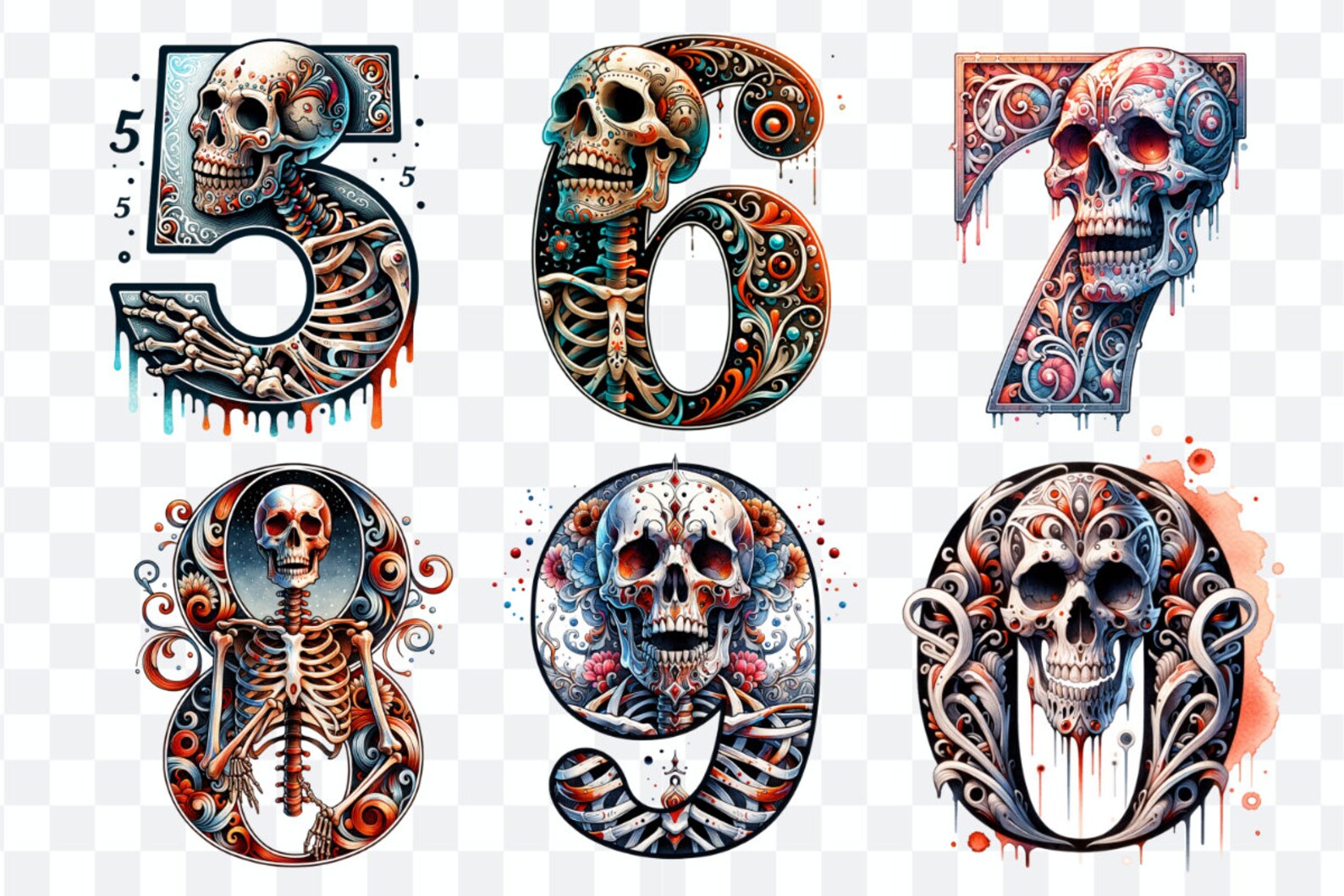 Skeleton Alphabet and Numbers Sublimation PNG Clipart Bundle in White ...