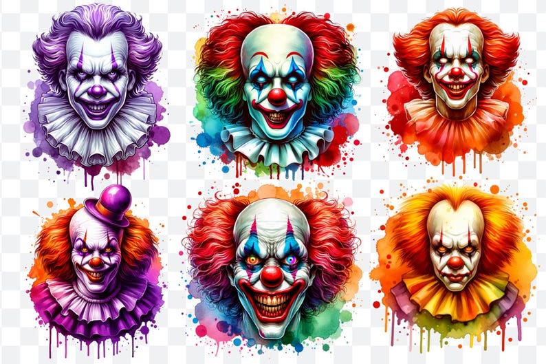 Creepy Clown Bundle, Spooky Halloween Clipart, Sublimation Transparent ...