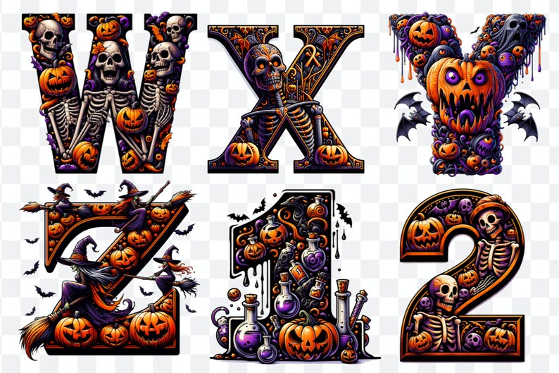 Halloween Alphabet and Numbers Sublimation PNG Clipart Bundle in Orange ...