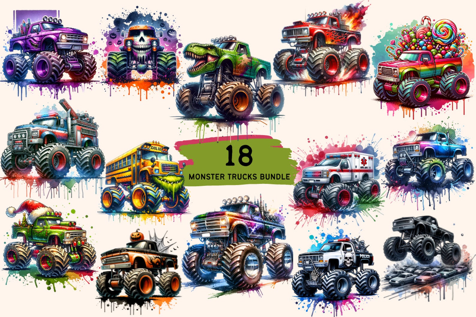 Monster Truck PNG Bundle, Monster Jam Sublimation Clipart Includes ...