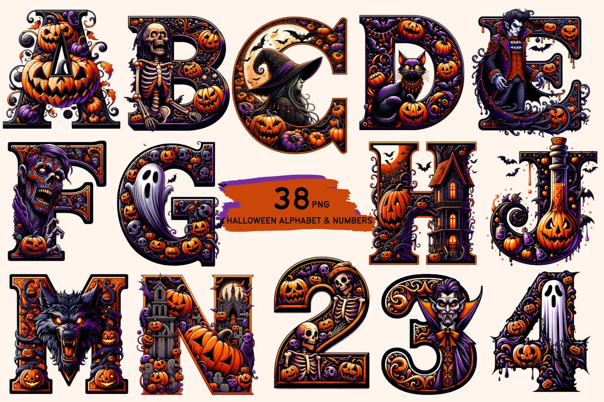 Halloween Alphabet and Numbers Sublimation PNG Clipart Bundle in Orange ...